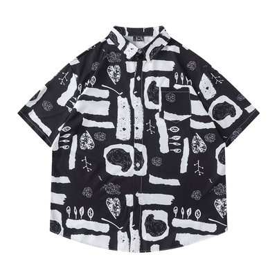 TRAVEL ISLAND 毫无头绪 潮牌复古抽象图案印花宽松百搭短袖衬衫