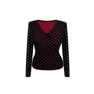 B-babes【雾夜绮想】大码轻熟风V领波点黑色带丝带收腰显瘦上衣女