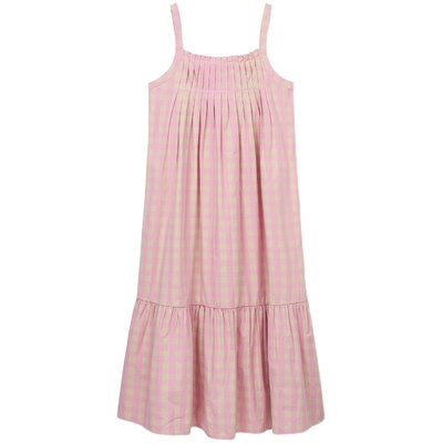 棉格子度假风吊带吊带