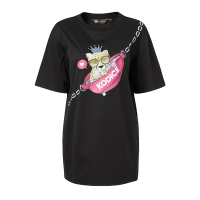 kodice黑色纯棉豹子印花T恤