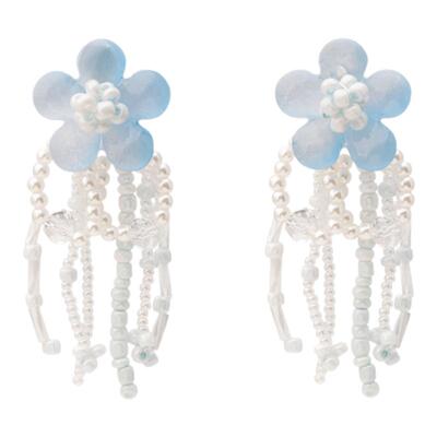 IPINK蓝色花朵流苏耳环耳夹