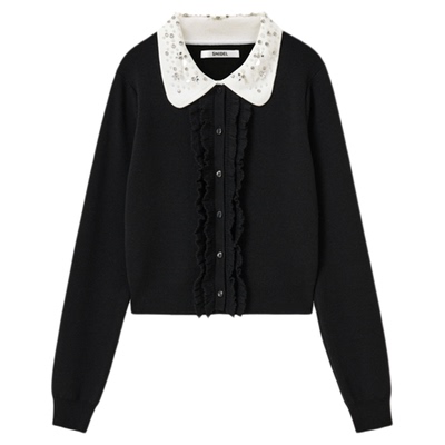 SNIDEL2025秋冬新品甜美木耳边亮片翻领长袖针织衫上衣SWNT255281