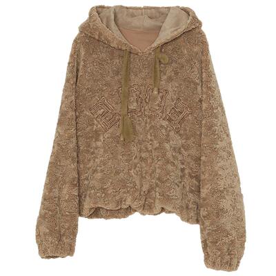 谜底毛毛卫衣女冬新品复古绣花连帽宽松短款长袖234MV1485