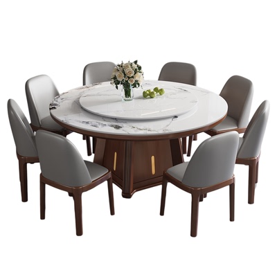 实木岩板圆桌现代简约家用吃饭桌酒店转盘圆形轻奢餐桌十人大圆桌