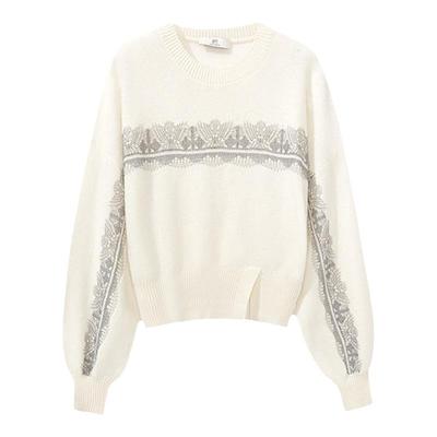 【限时折上折】HPLY荷比俪秋季新款女古典蕾丝提花开衩套头毛衫