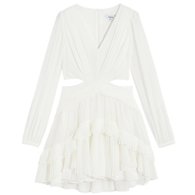 【明星同款】bebe2025秋冬女士白色长袖荷叶边镂空连衣裙350004