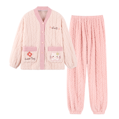 珊瑚绒睡衣女秋冬季加厚保暖套装