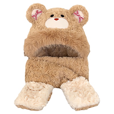 蝴蝶结小熊耳朵毛绒帽子围巾一体