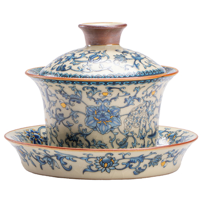 汝窑青花悬停三才盖碗茶杯高档