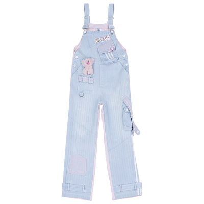 多口袋拼接条纹宽松牛仔背带裤