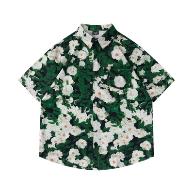 复古绿油画花朵小众慵懒风花衬衫