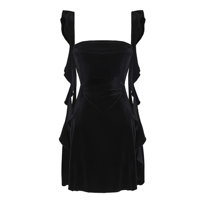 黑色露背飘带丝绒长短款连衣裙