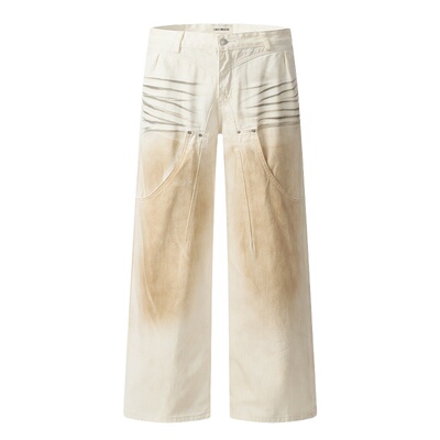 复古废土风泥染白牛仔裤男生美式街头水洗做旧宽松直筒休闲长裤子