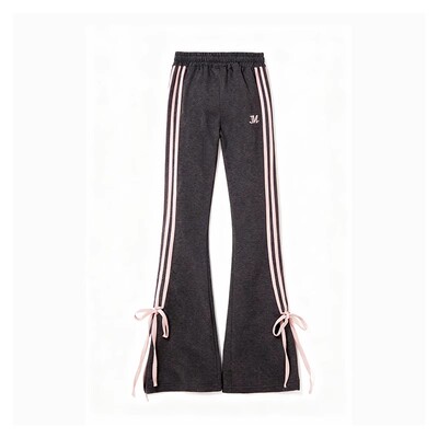 美式灰色条纹微喇卫裤女秋冬休闲