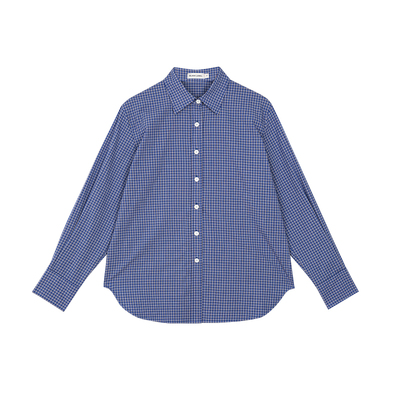 纯棉精纺复古蓝格纹衬衫女春季