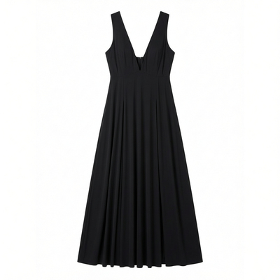 纯色深V领无袖开叉连衣裙