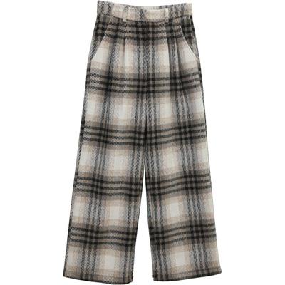 老钱风毛呢格子裤女冬加绒阔腿裤
