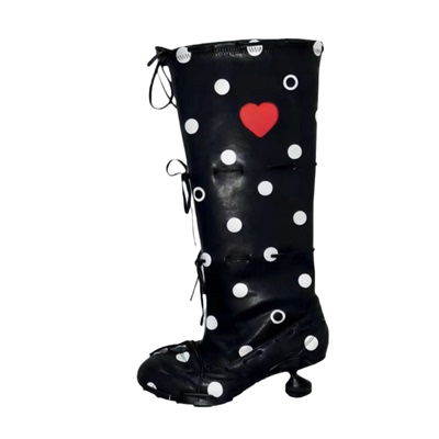 高跟波点绑带长靴女大筒围时装靴