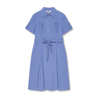 DKNY唐可娜儿夏季时尚都市通勤风条纹短袖收腰衬衫连衣裙女显瘦