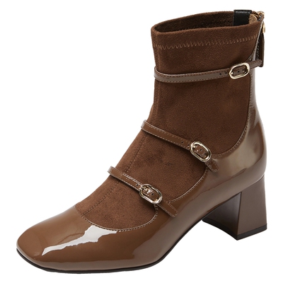 莱尔斯丹英伦方头玛丽珍弹力袜靴