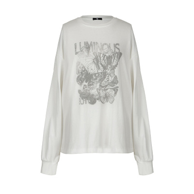 SEEKSIMPLE 蝴蝶剪影印花宽松显瘦长袖T恤女秋冬棉质打底卫衣上衣