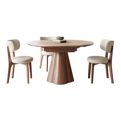 卡答中古风洞石岩板实木伸缩餐桌