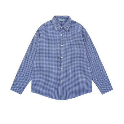 潮牌美式蓝色格子长袖衬衫男