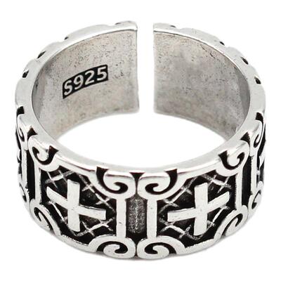 复古十字架镀银开口戒指