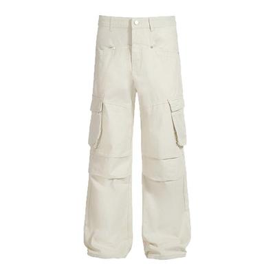 YORAINBOW 米白多口袋cleanfit工装裤男生宽松阔腿牛仔裤情侣潮牌