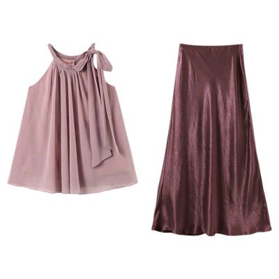 西町村屋蝴蝶结绑带挂脖套装夏季新款小衫鱼尾裙两件套XXAB10024