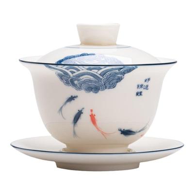 手绘羊脂玉单个悬停盖子碗茶杯陶