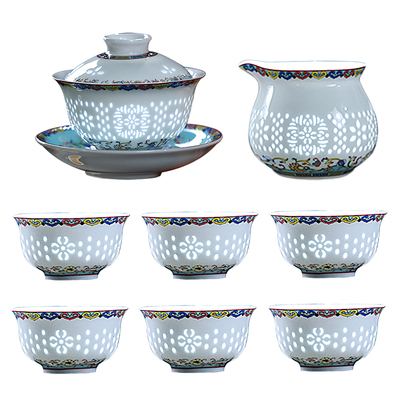 景德镇陶瓷珐琅彩玲珑瓷茶具套装