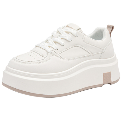 大东小白鞋女鞋2026春季新款平底高跟系带圆头材质拼接Q8091