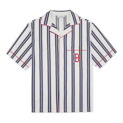 MLB官方 男女情侣梭织条纹衬衫运动宽松短袖外套夏季WS601