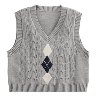 森女部落学院风宽松徽章刺绣灰色马甲女2026新款秋百搭V领针织衫