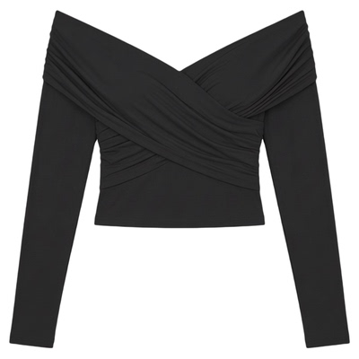 One line V-neck leaky shoulder bottom shirt一字V领漏肩打底衫