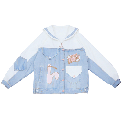 学院海军领牛仔兔子绣花外套