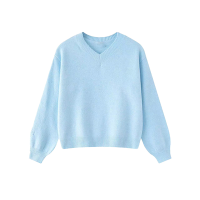 CCKOK小花朵刺绣纯色V领针织毛衣