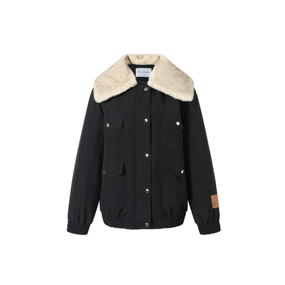 JAC FLEURANT秋冬新款拼接白色毛领黑色口袋夹克女时尚外套