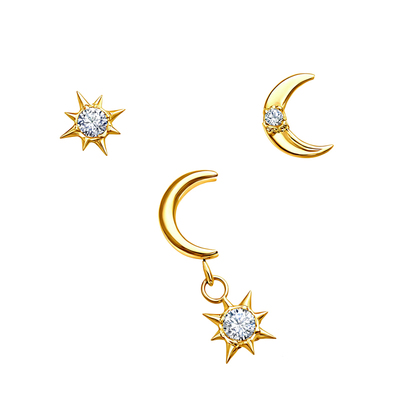 仙人 钛合金“月坠”镀金耳钉/耳蜗钉/耳骨钉女/flat 16g内螺纹