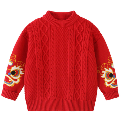 男童圆领毛衣加绒加厚红色新年装