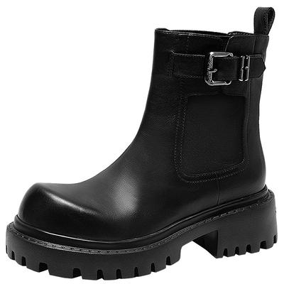 MIO米奥切尔西靴2025冬季新款圆头高跟褶皱感马丁靴复古增高女靴