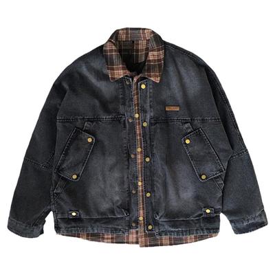 潮牌拼接牛仔服男士流行个性假两件格子上衣青年春季新款夹克外套