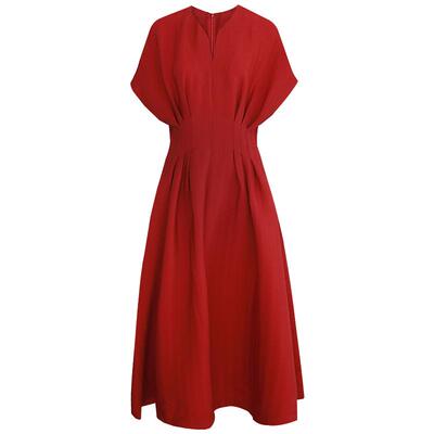 COCOBELLA高级红色收腰大摆连衣裙女26夏新品法式优雅长裙FR0091