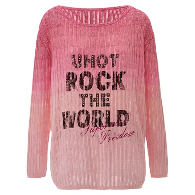 诱货粉蓝渐变斜肩烫钻显瘦针织衫