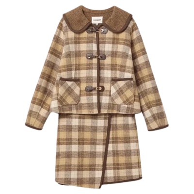复古格纹双面呢外套半裙套装
