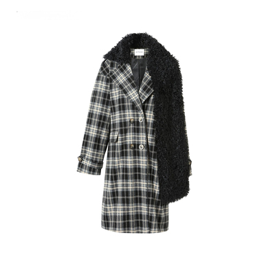 JAC FLEURANT秋冬新款可拆卸围巾格纹长款女士大衣保暖外套
