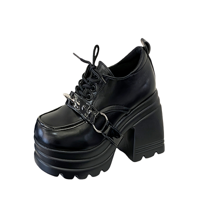 铆钉皮带扣系带粗跟增高百搭单鞋