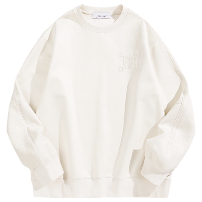 太平鸟男装 Daria Song 联名系列白色宽松圆领套头刺绣卫衣男