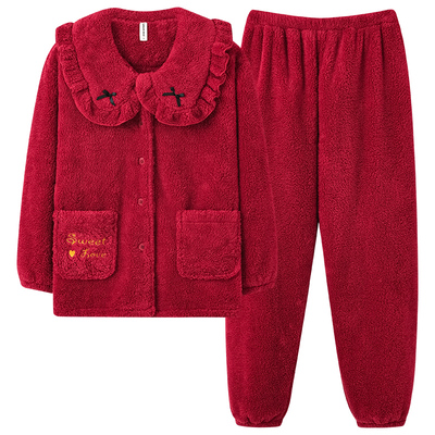 思馨坊情侣珊瑚绒红色结婚睡衣冬